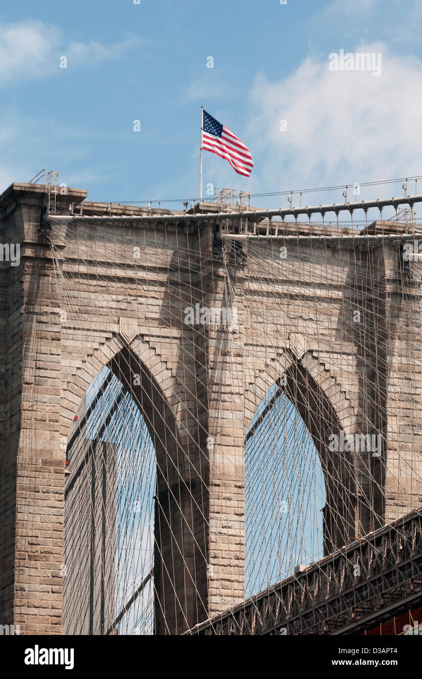 Usa, New York, Manhattan, Brooklyn Bridge, American Flag Stock Photo ...