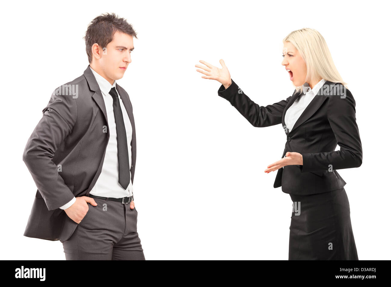 Professional male and female having an argument isolated on white ...