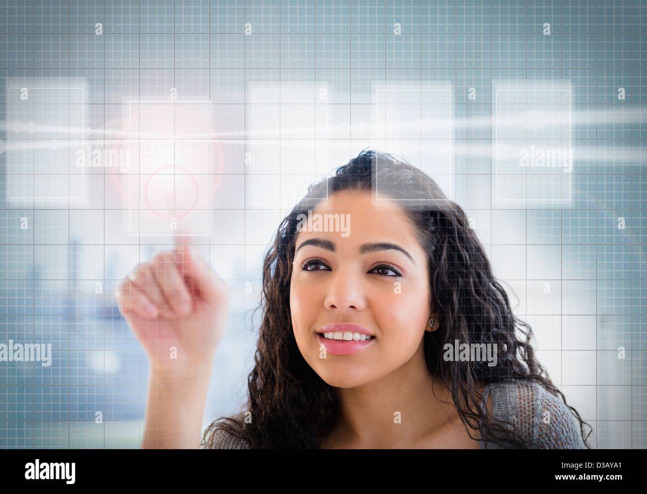 Hispanic woman using touch screen Stock Photo - Alamy Hispanic woman using touch screen Stock Photo - Alamy