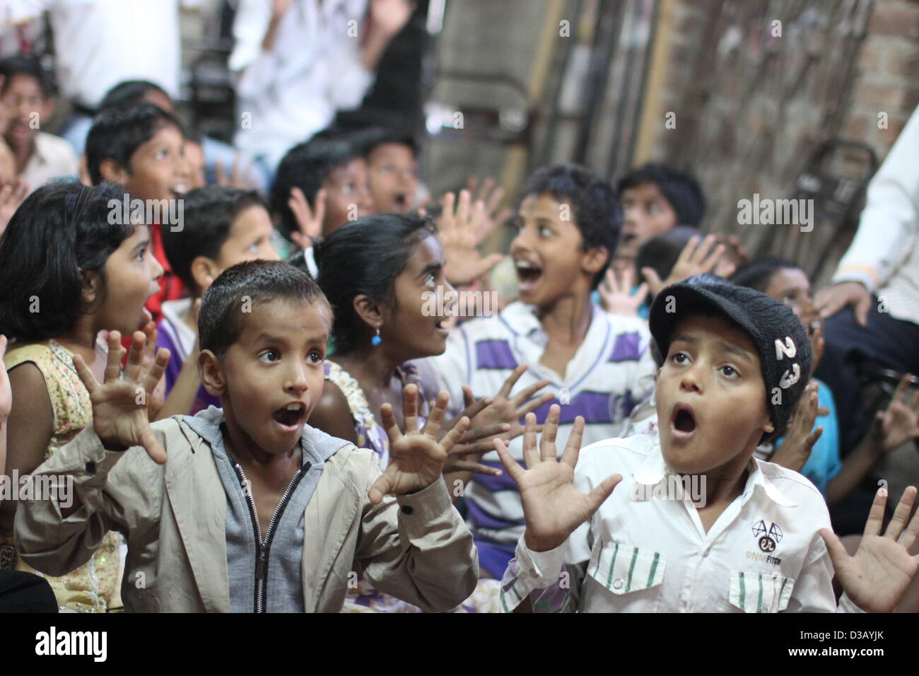 Children attend an acting class in the slum Dharavi in Mumbai, India ...