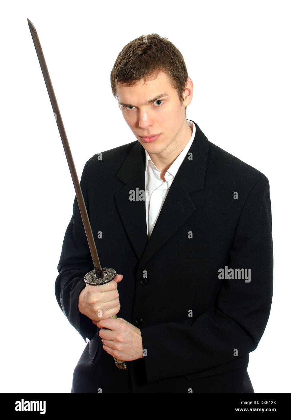 Male office worker with sword. Isolated on white Stock Photo - Alamy