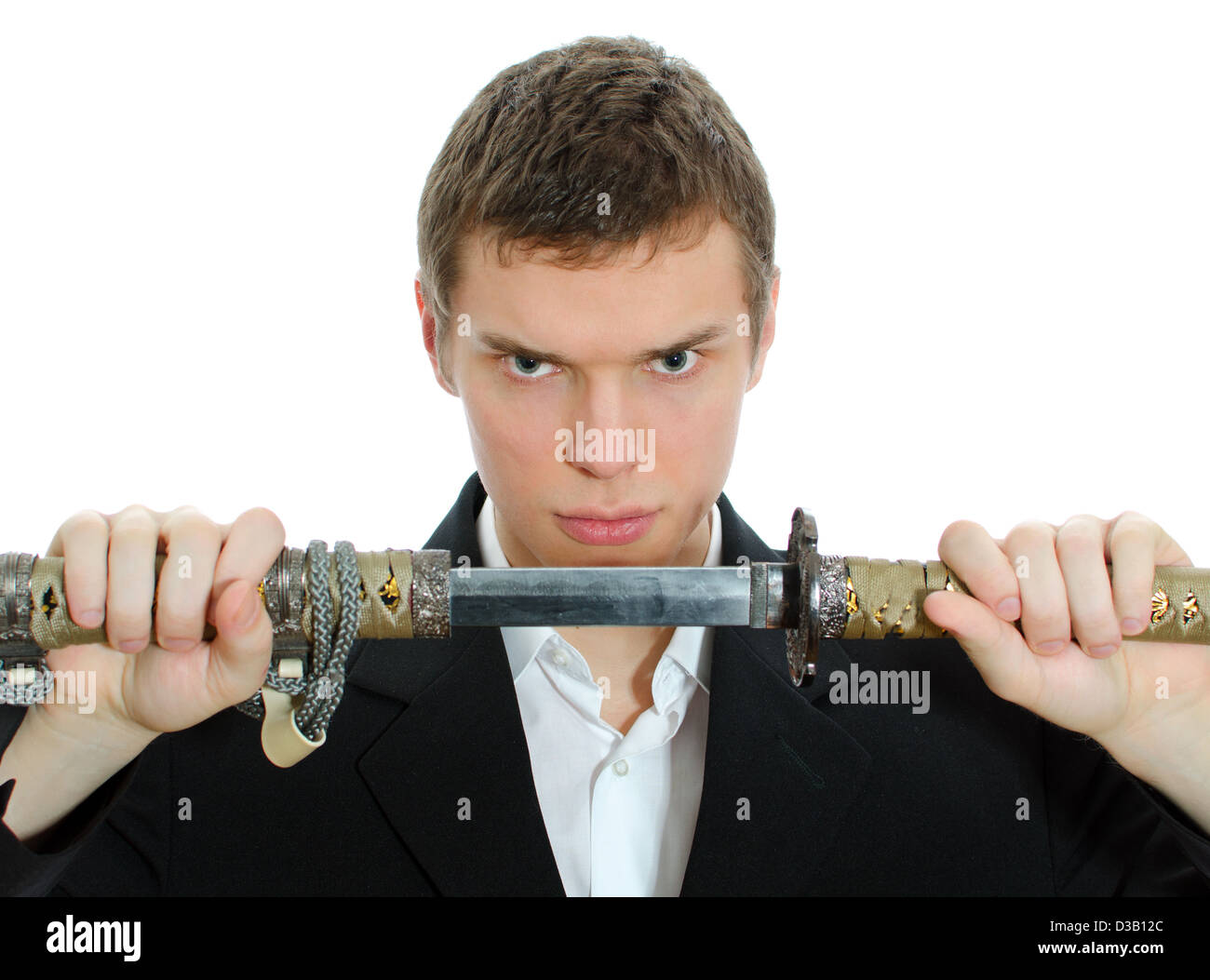 Male office worker with sword. Isolated on white Stock Photo - Alamy