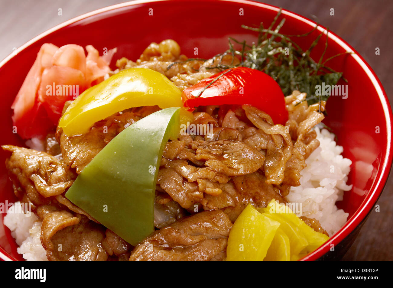 pork slice with rice and vegetable Stock Photo - Alamy