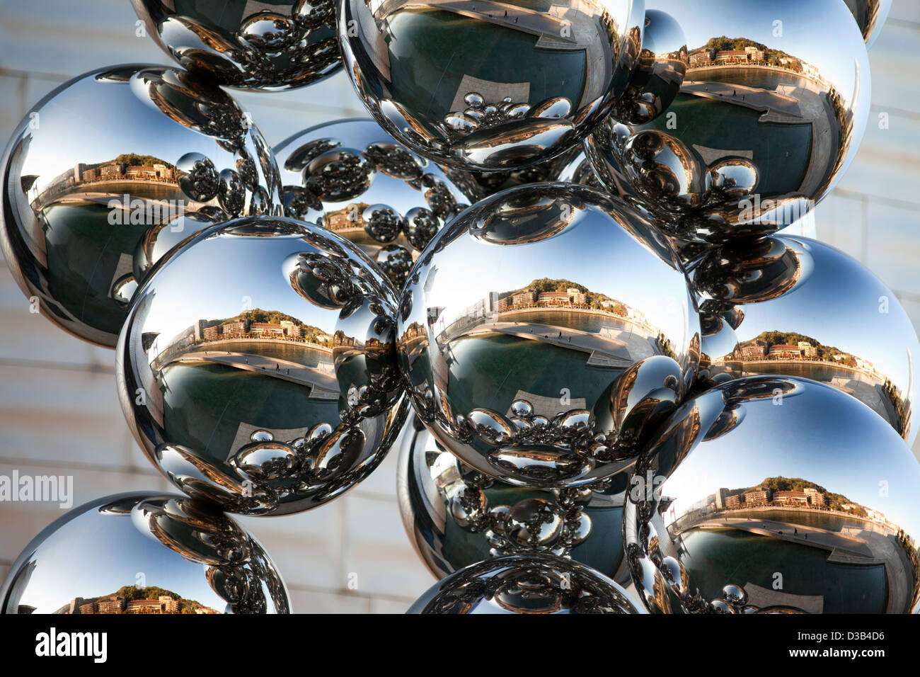 The silver balls statue at the Guggenheim Museum, Bilbao, Biscay, Spain ...