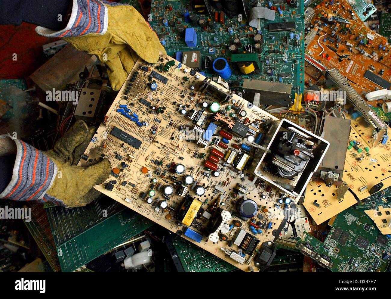 (dpa) - A worker puts old electronic circuit boards into a collecting ...