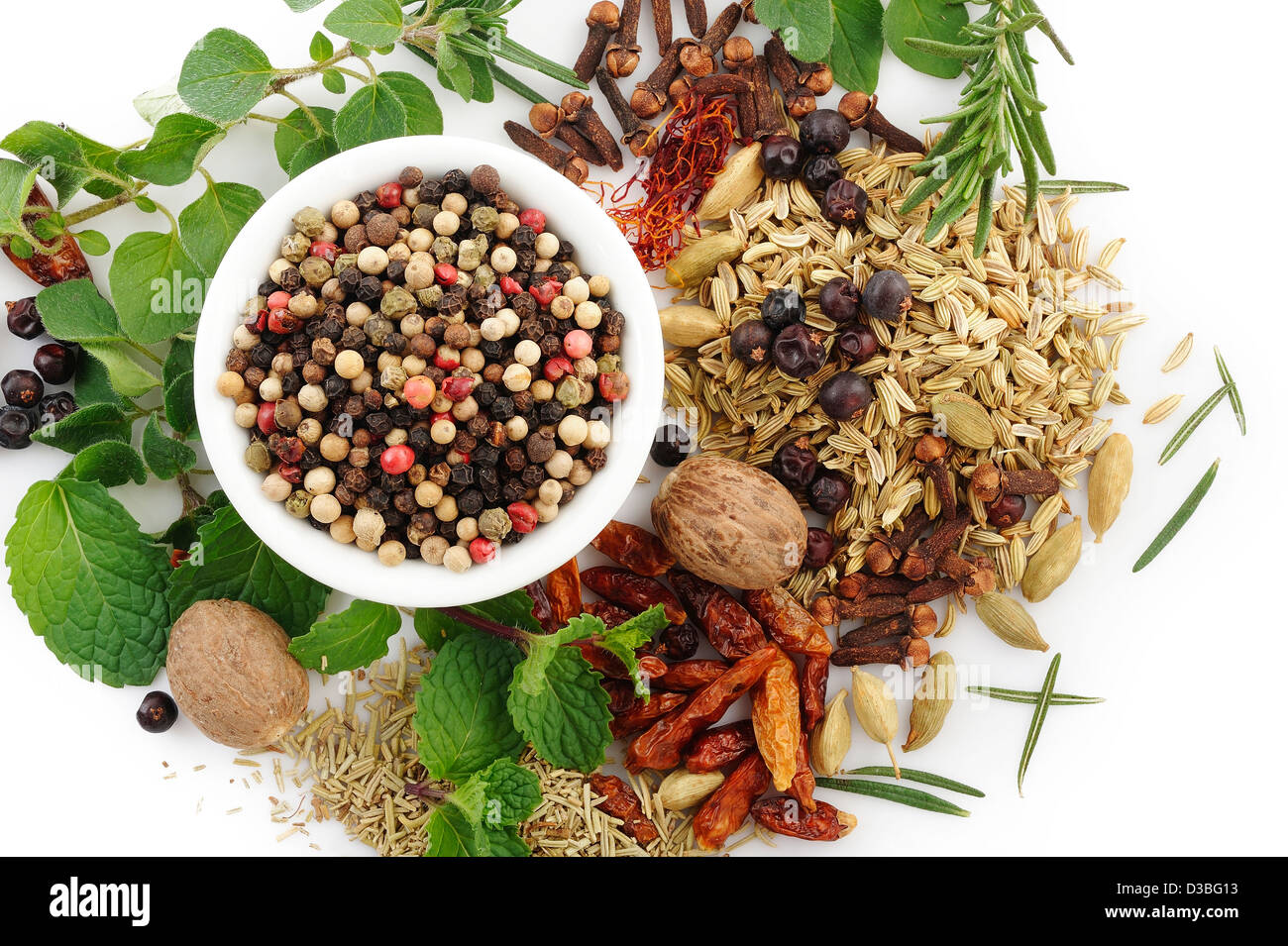 fresh flavoring herbs and spices on white background Stock Photo - Alamy