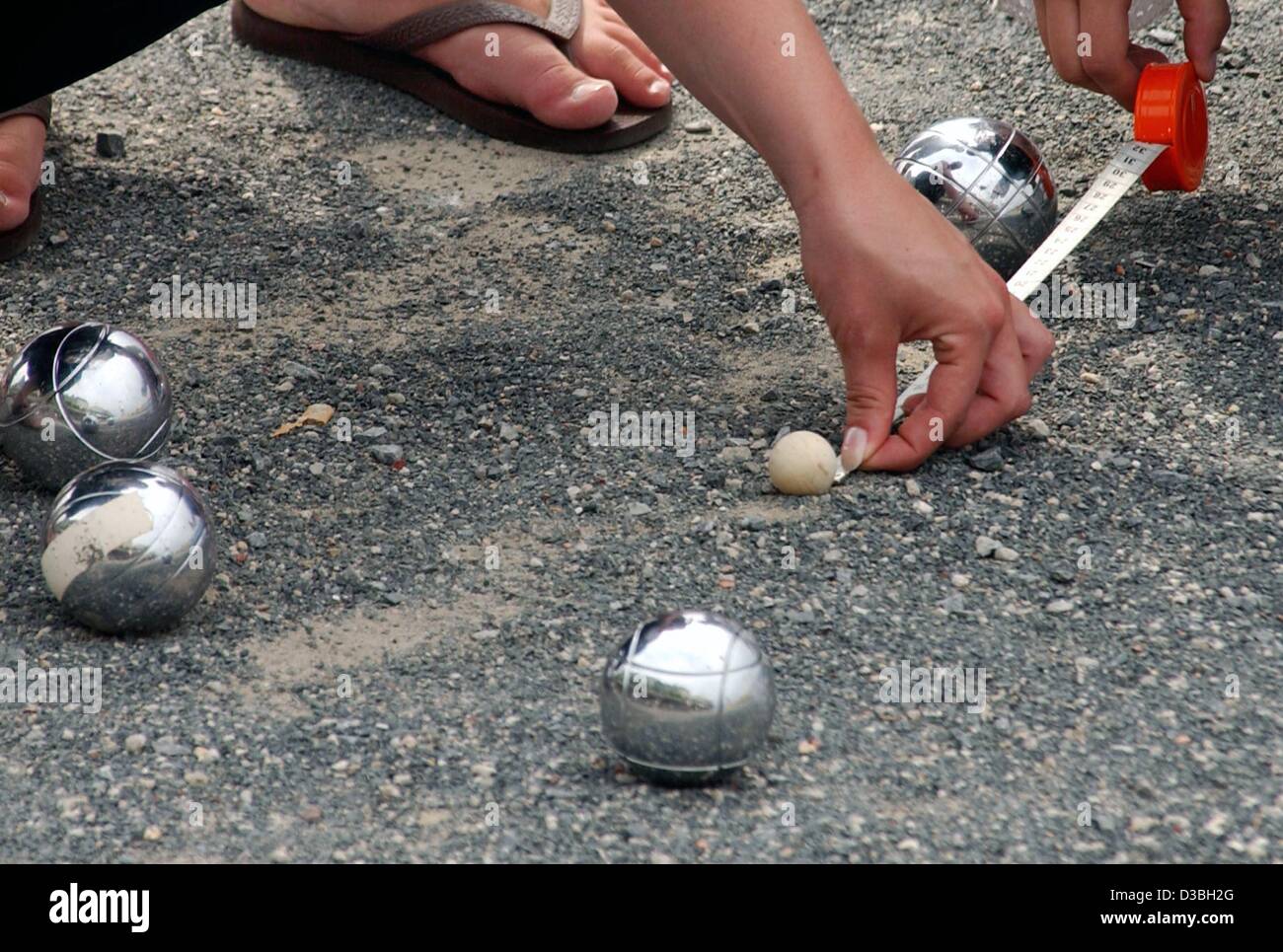 (dpa) - Petanque players measure the distance between the metal boules ...
