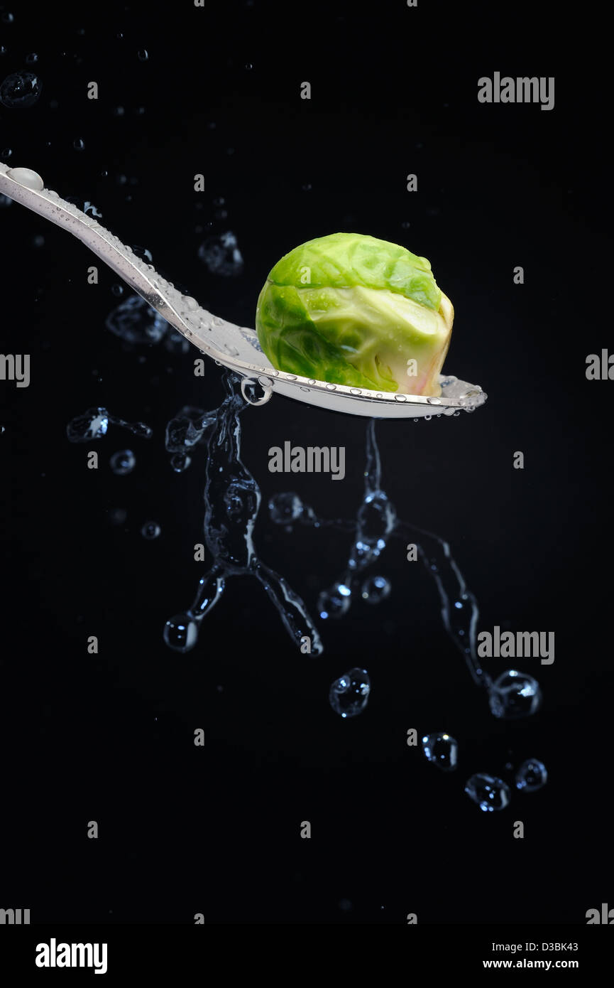 Teaspoon with brussel sprout and dripping natural mineral water in ...