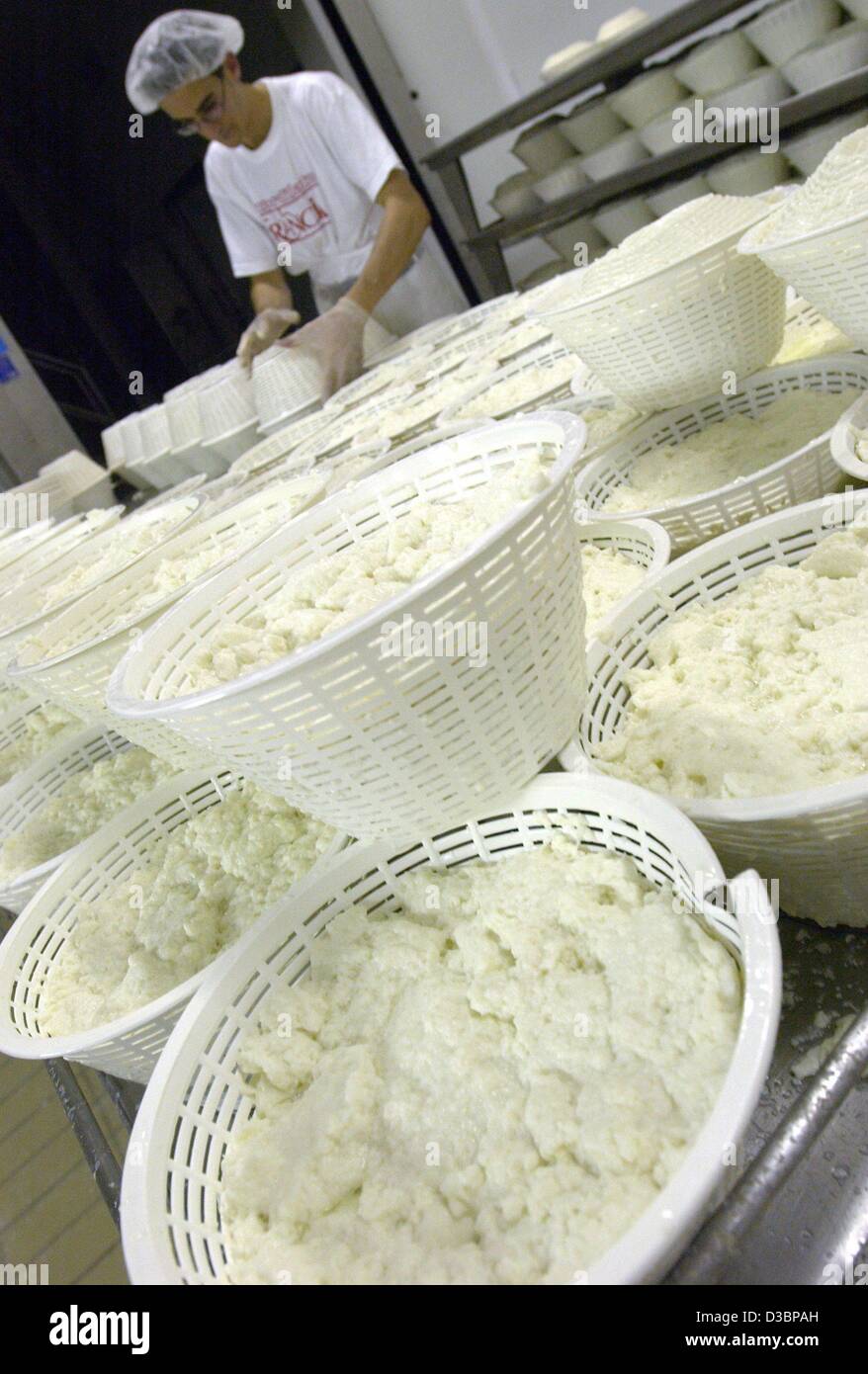 (dpa) - Fresh ricotta is filled into baskets to cool down, at the ...