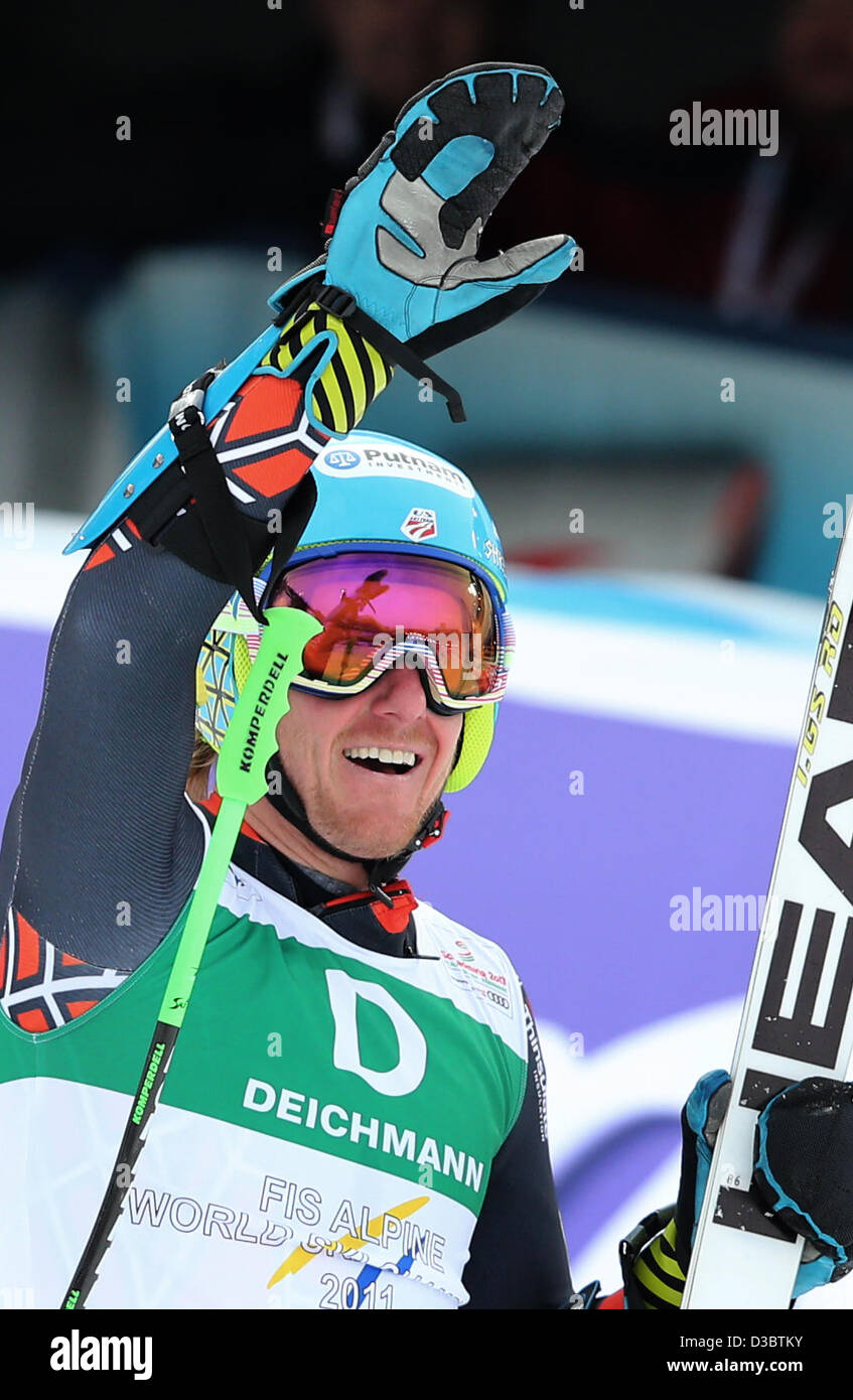 Ted Ligety of US celebrates during the second run of the men's giant ...