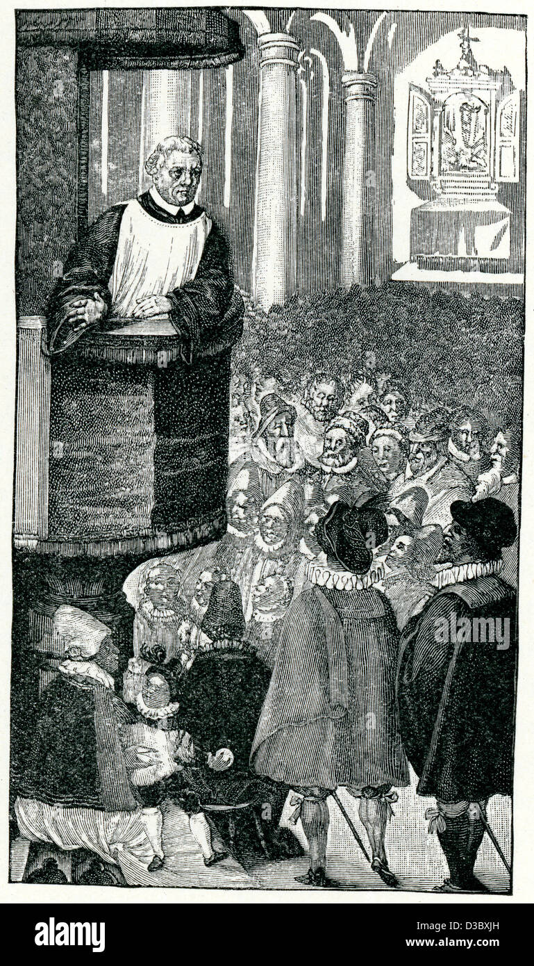 Vintage engraving after a contemporary print of Martin Luther preaching ...