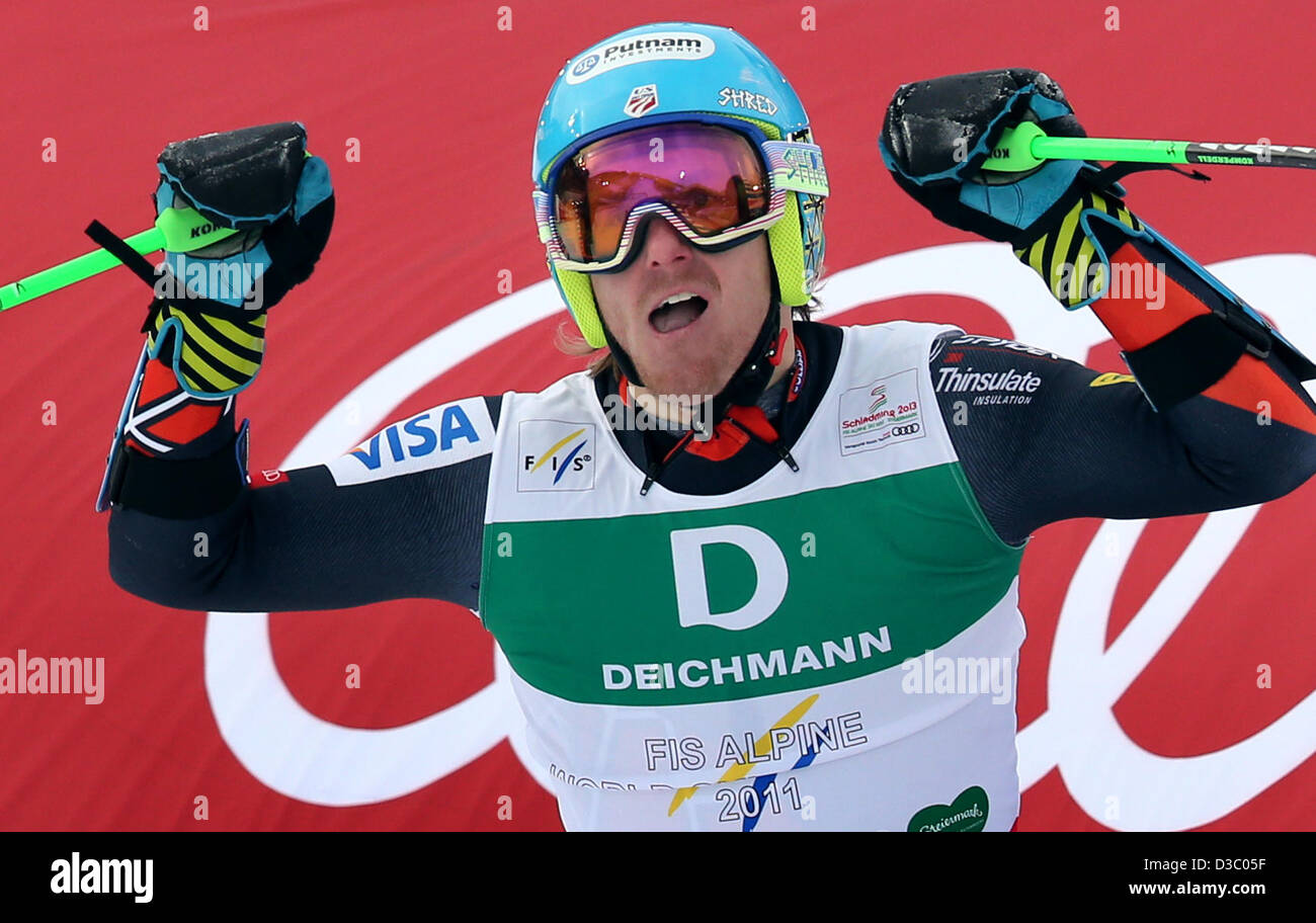 Ted Ligety of US celebrates during the second run of the men's giant ...
