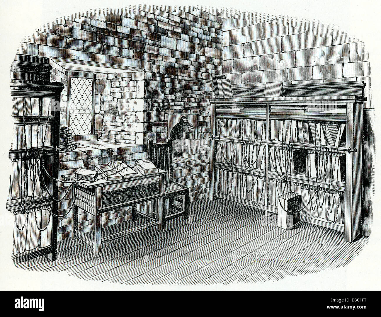 Vintage engraving of the Chained Library founded in 1598 at Grantham ...