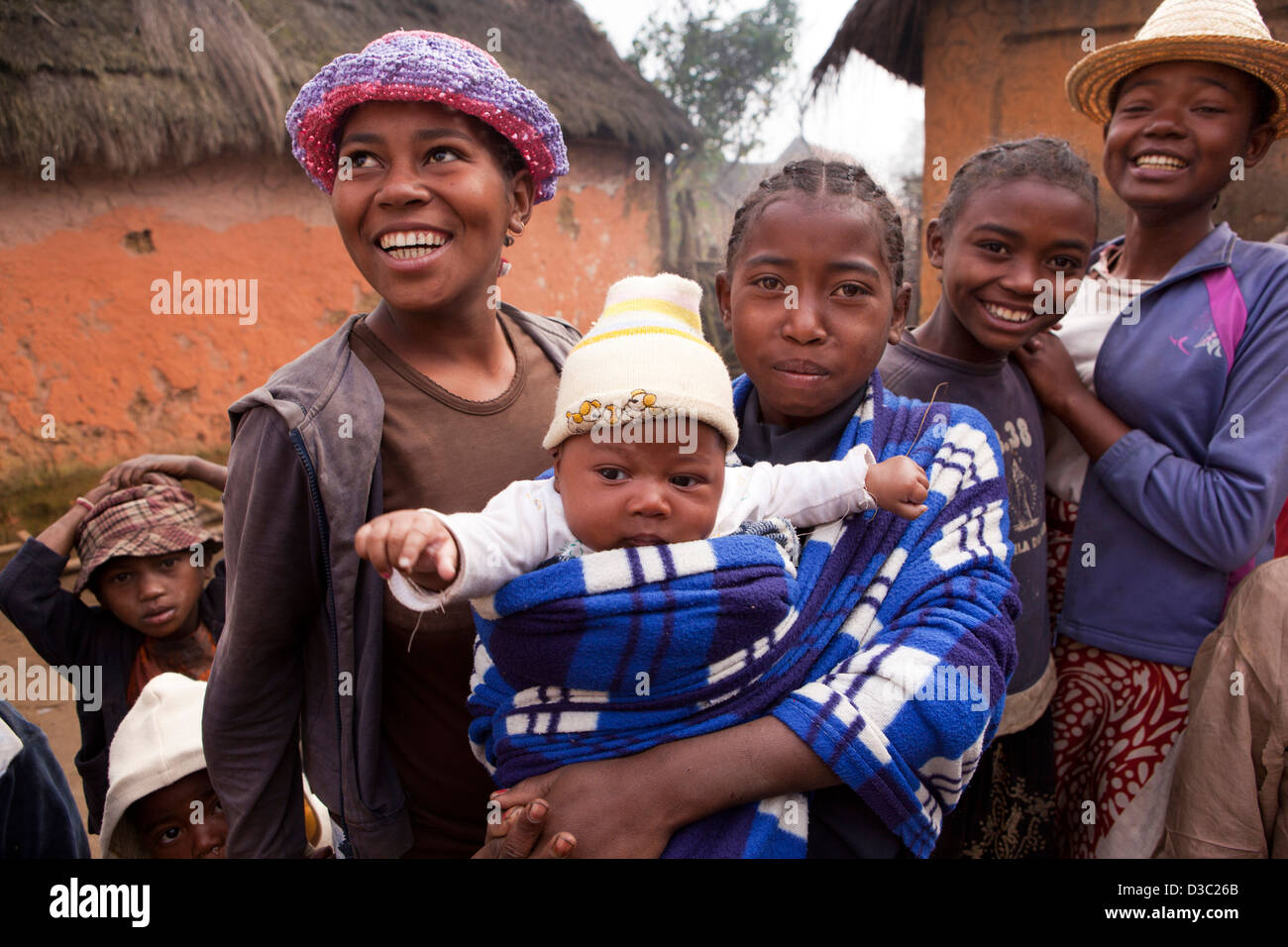 Madagascar, Ranomafana, Iron working village, group of young women with ...