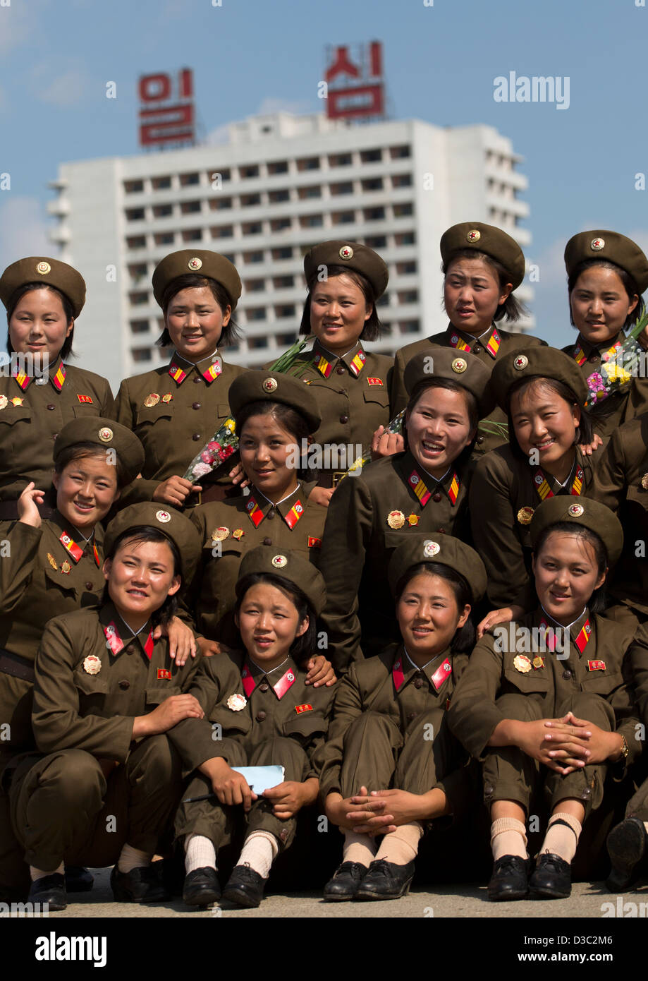 Smiling North Korean Female Soldiers In Tower Of The Juche Idea ...