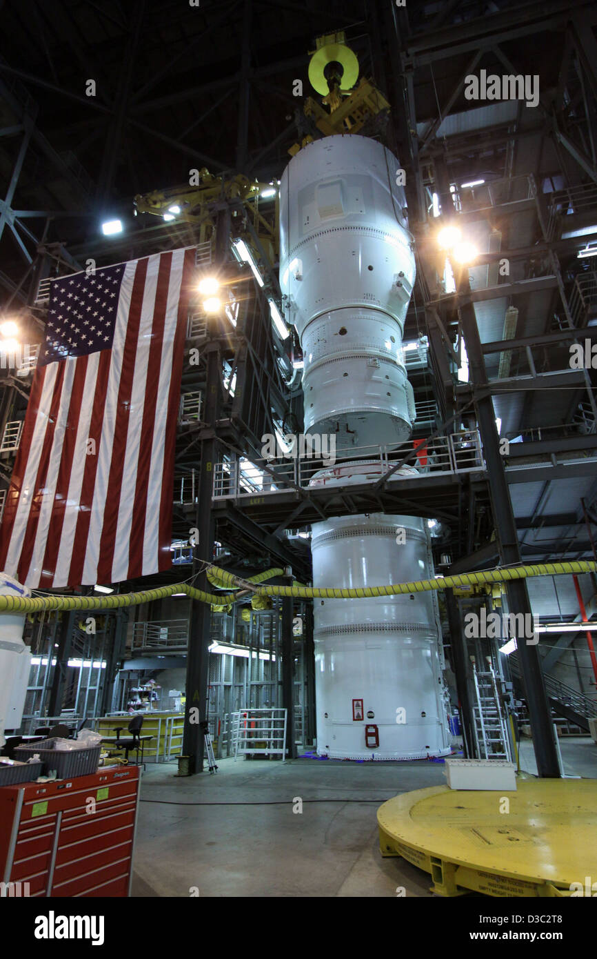 The Ares I-X rocket, part of NASA’s Constellation Program, is stacked ...