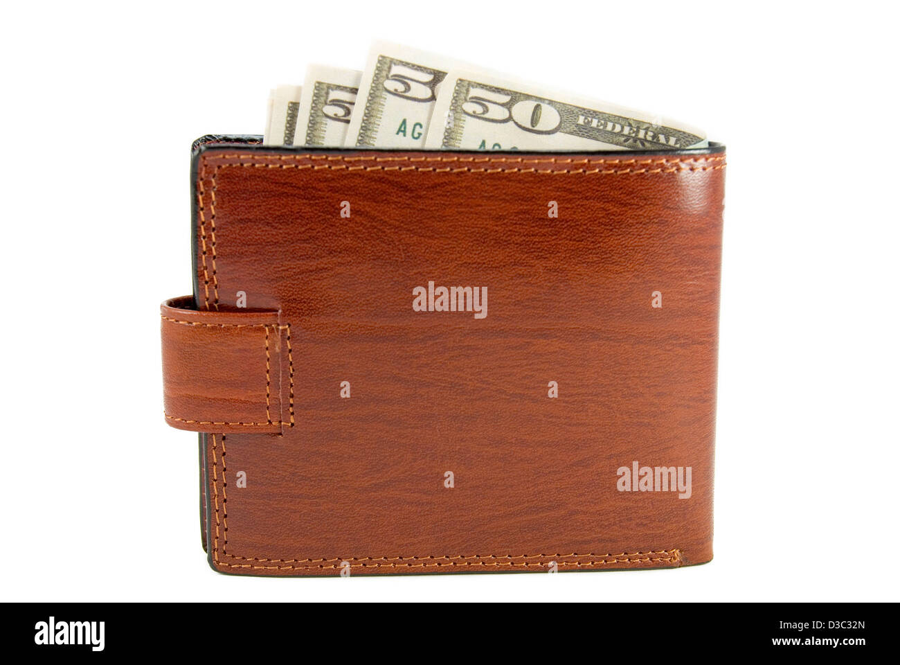 The brown purse with money is photographed on a white background Stock ...