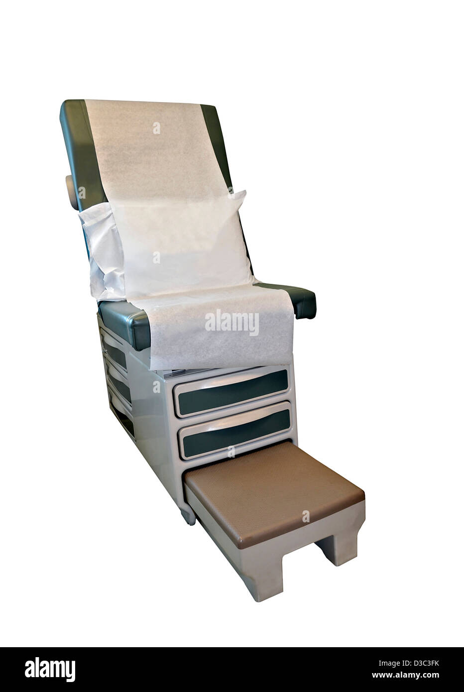 A doctors examination chair and foot stool on white background Stock ...