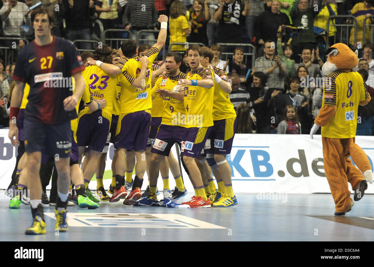 Berlin's players celebrate the 31-30 victory in the Handball Champions ...