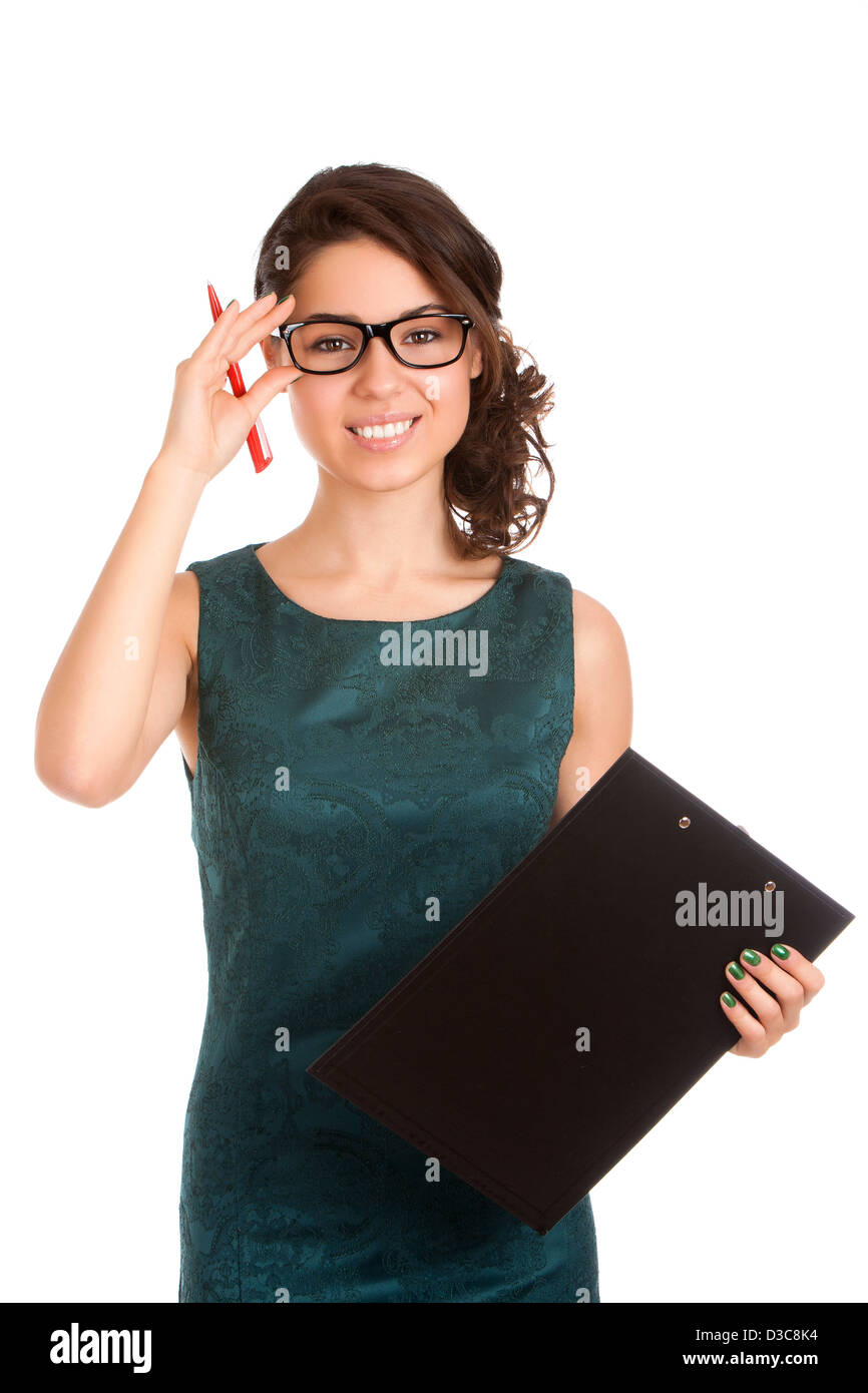 Young woman holding clipboard Stock Photo - Alamy