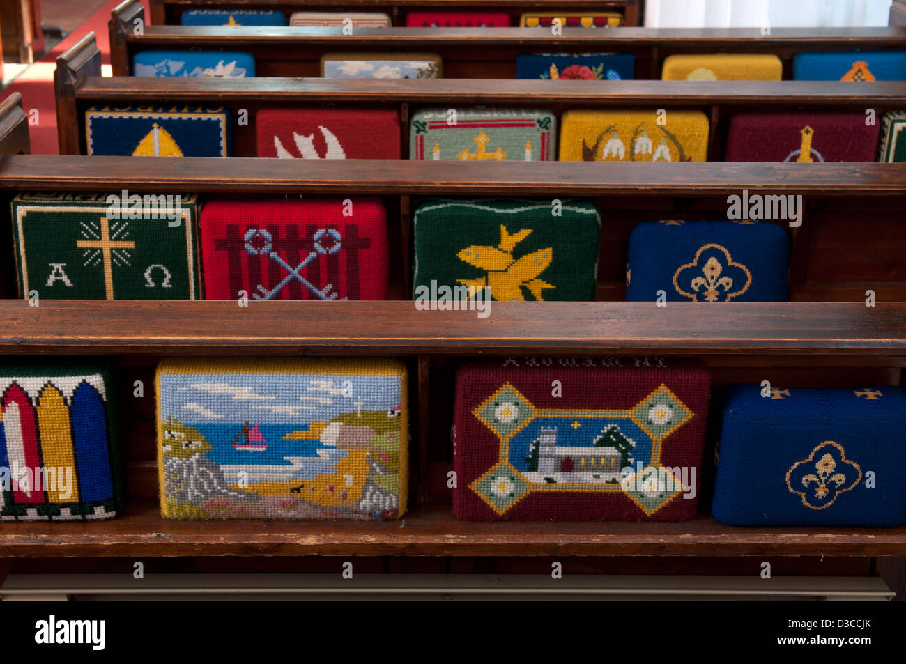 Pews and hassocks in All Saints Church, Church Lench, Worcestershire ...