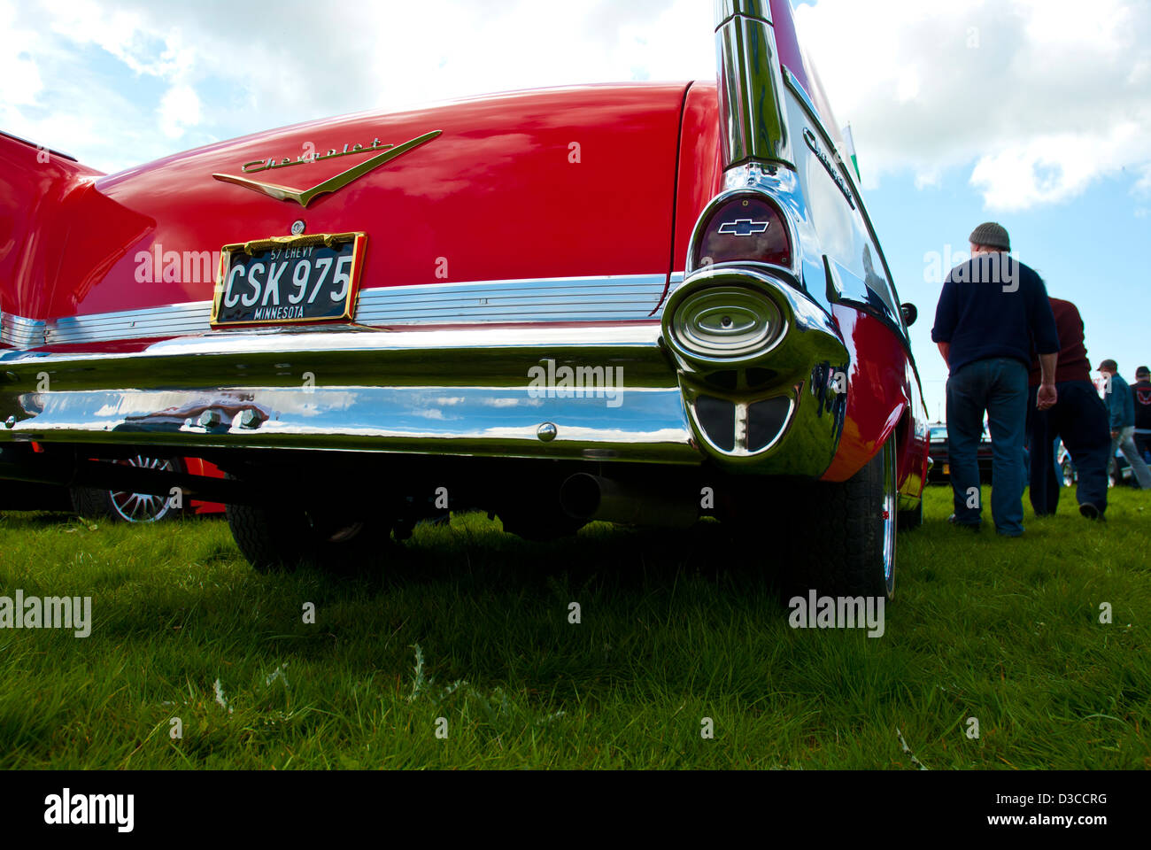 Vintage american car from the rear at a low angle showing chrome bumper ...