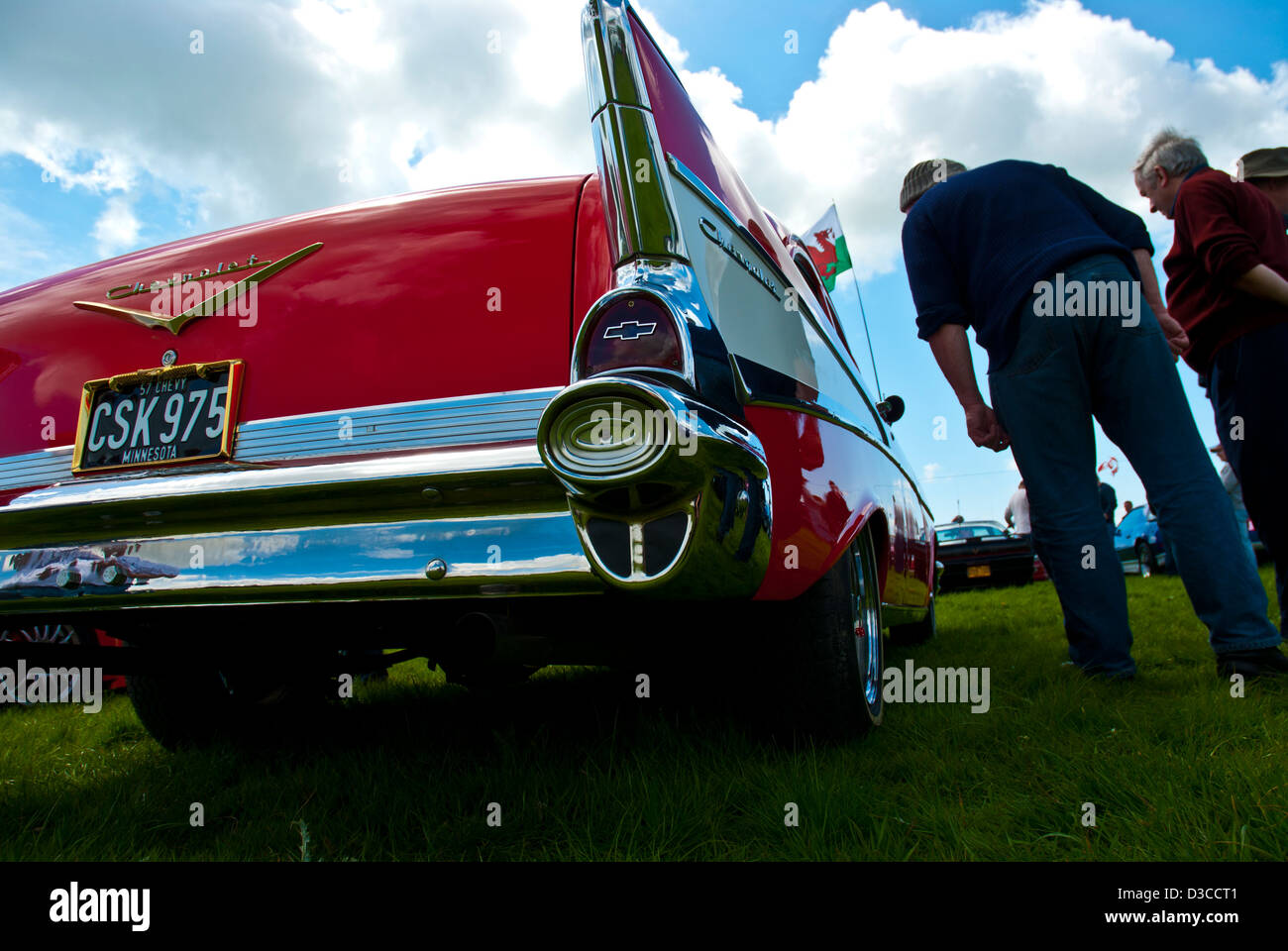 Vintage american car from the rear at a low angle showing chrome bumper ...