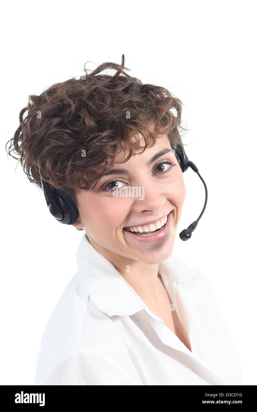 Beautiful and happy operator woman in a white isolated background Stock ...