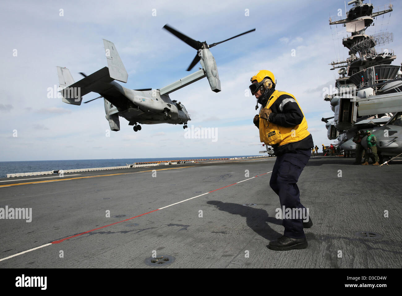 US Navy MV-22 Osprey take off from the flight deck of the amphibious ...