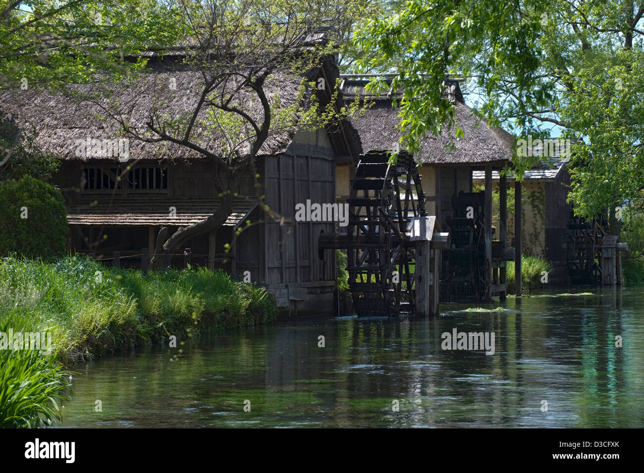 Historic thatched-roof mill houses with river-powered water wheels line ...