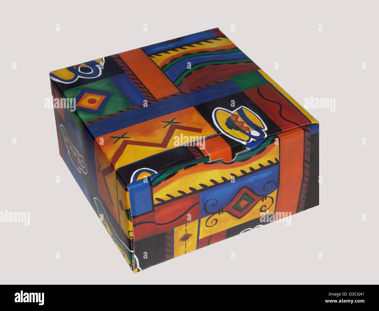 Cardboard box with bright and colourful geometric design - for ...