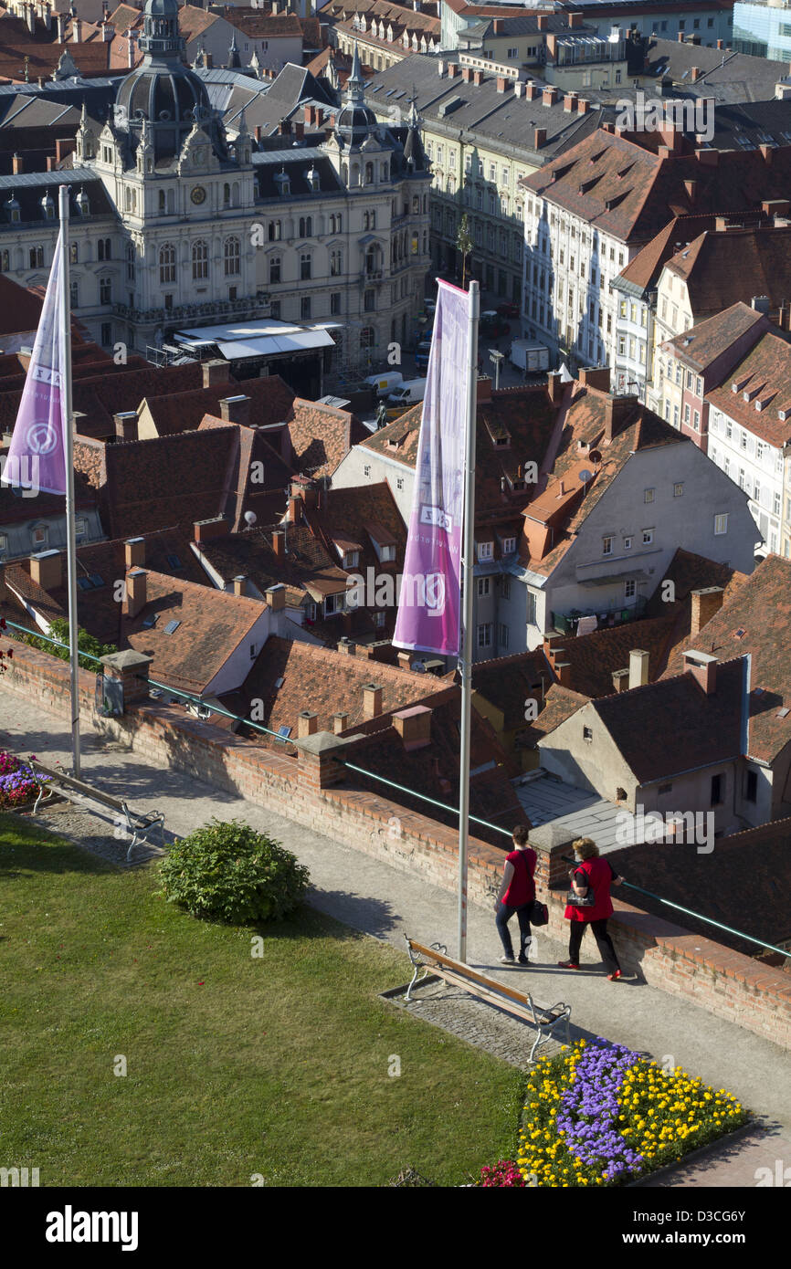 Austria, Styria, Graz, Old Town And Town Hall Viewed From Schlossberg ...
