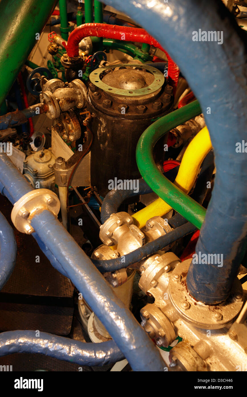 Hamburg, Germany, colored tubes of the steam engine in the engine room ...