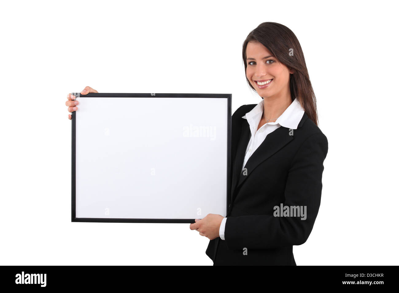 Woman holding white board Stock Photo - Alamy