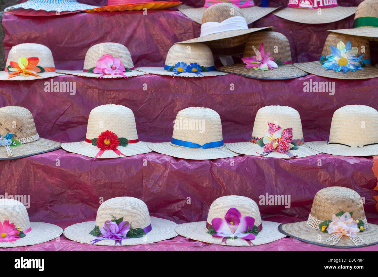 Hats lined up for sale at Villa de Etla market, Oaxaca, Mexico Stock ...