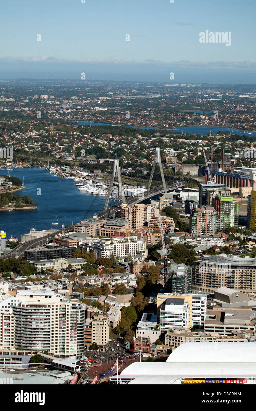 Elevated aerial view of view of ANZAC Bridge, Glebe, Blackwattle Bay ...