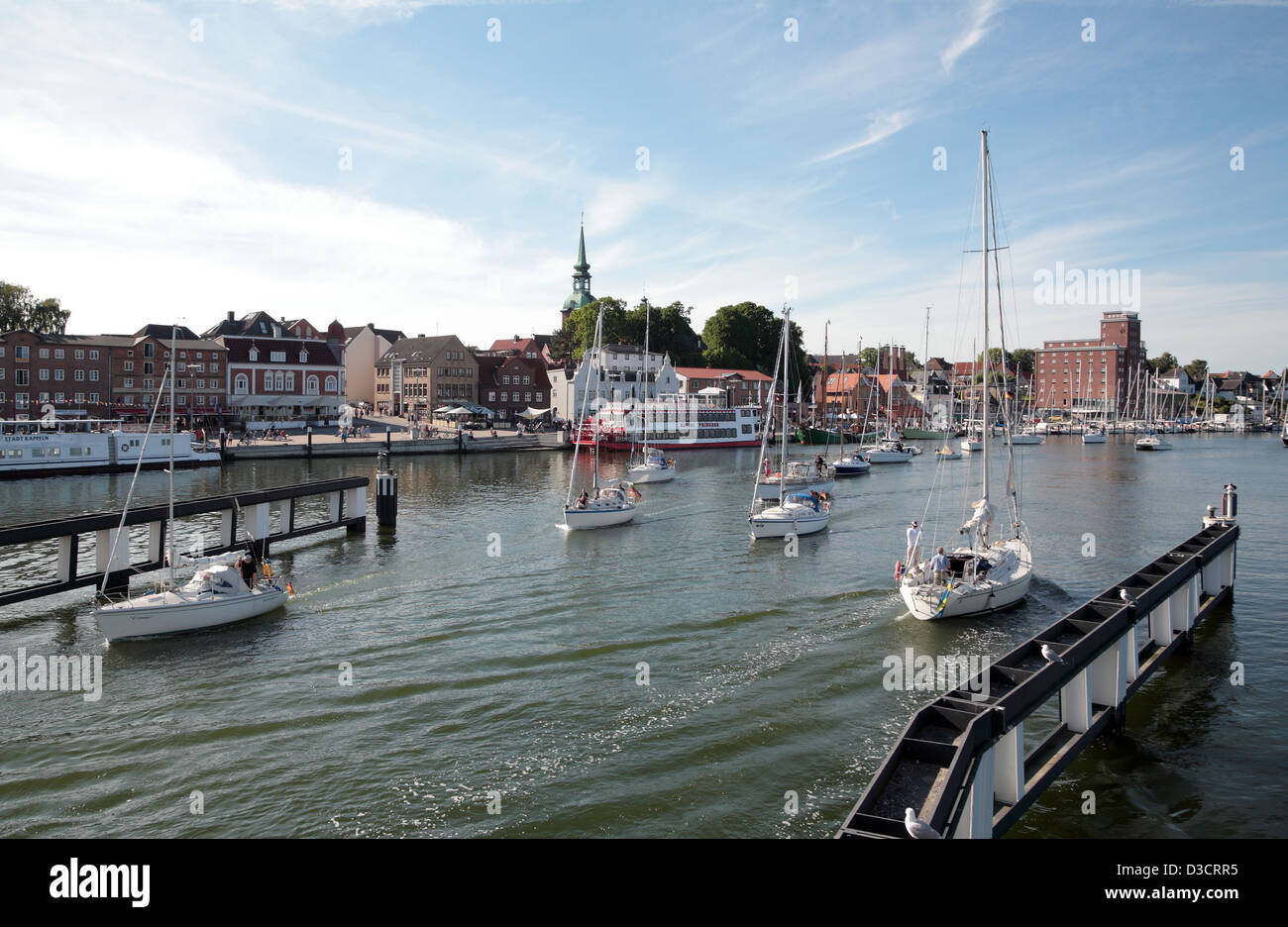 Kappeln, Germany, sailing past the open Klappbruecke Stock Photo - Alamy