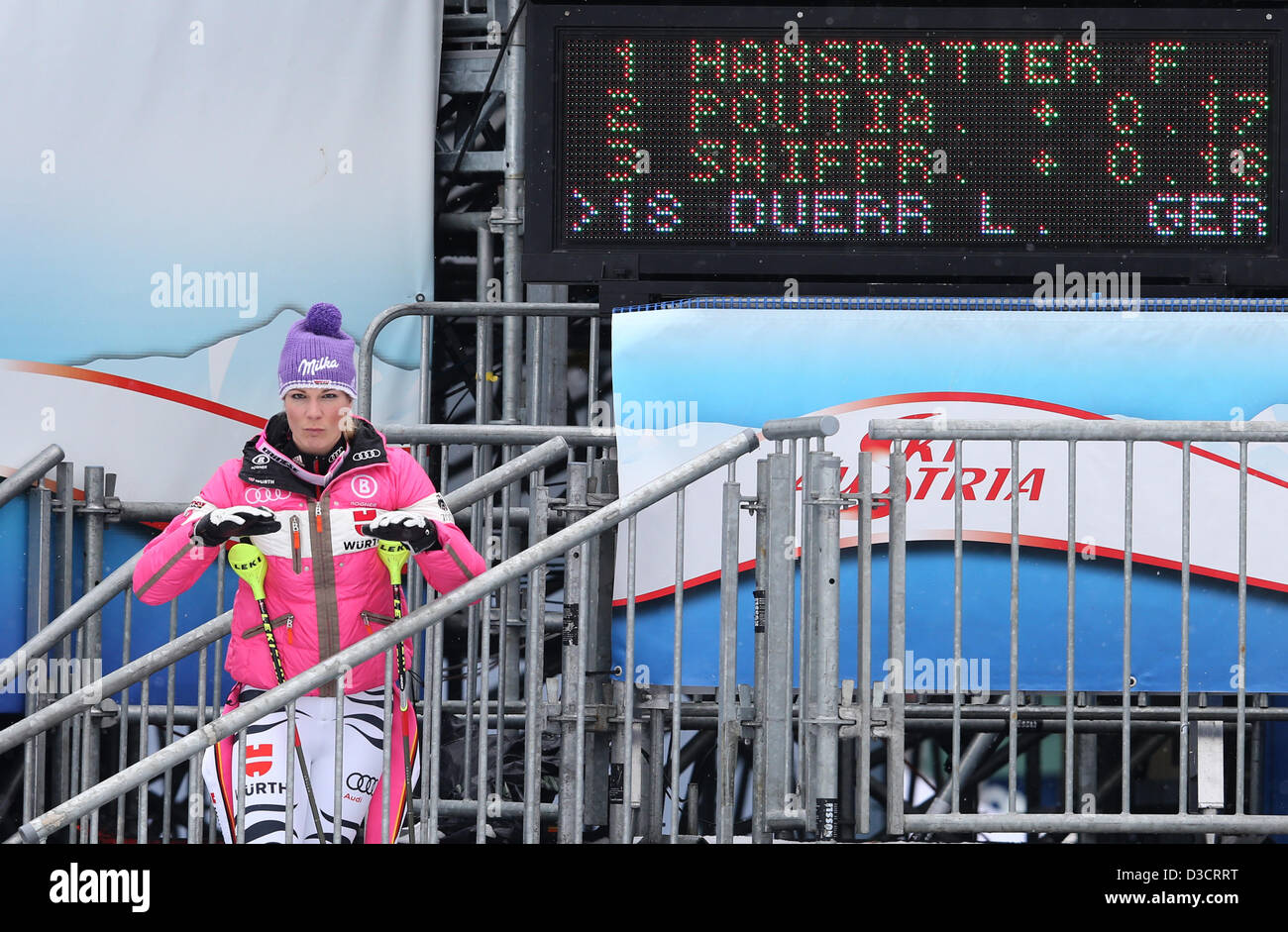 Maria Hoefl-Riesch of Germany watches the first run of the women's ...