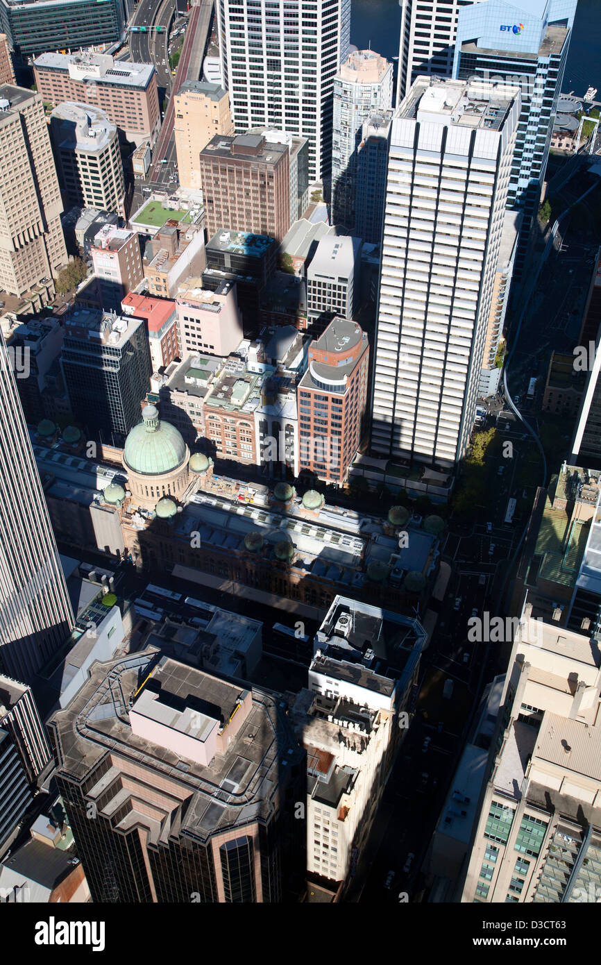 Elevated aerial view of the Queen Victoria building (or QVB),dwarfed by ...