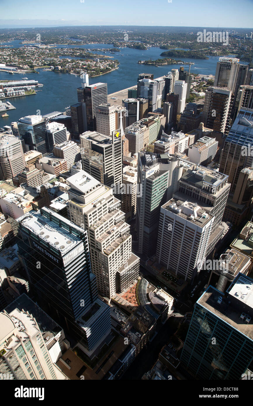 Elevated aerial view of modern office buildings along Clarence and York ...