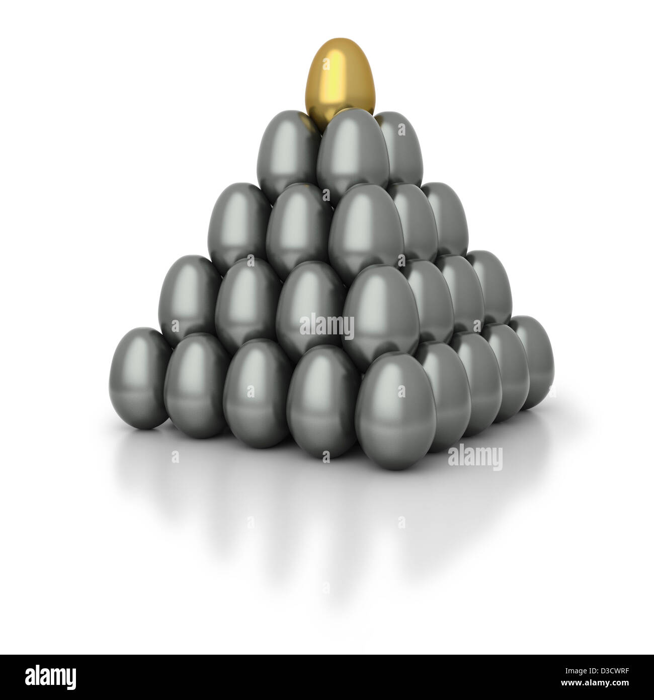 Pyramid of lead eggs with golden egg on top on white background Stock ...