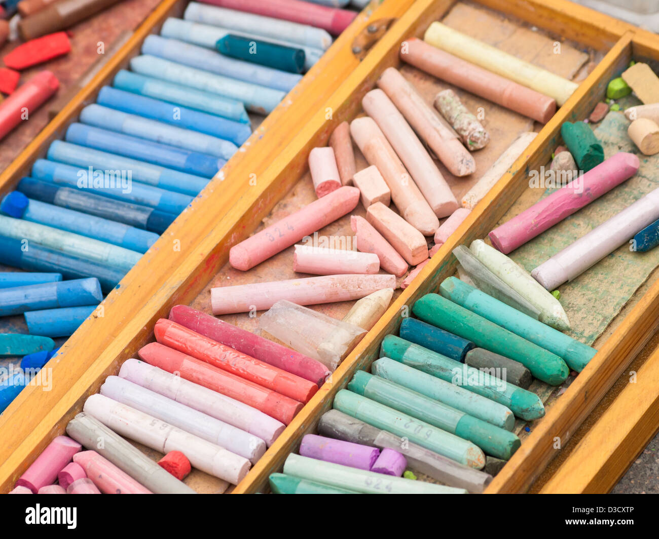 Chalks on the street during Chalk Art Festival in Denver, Colorado ...