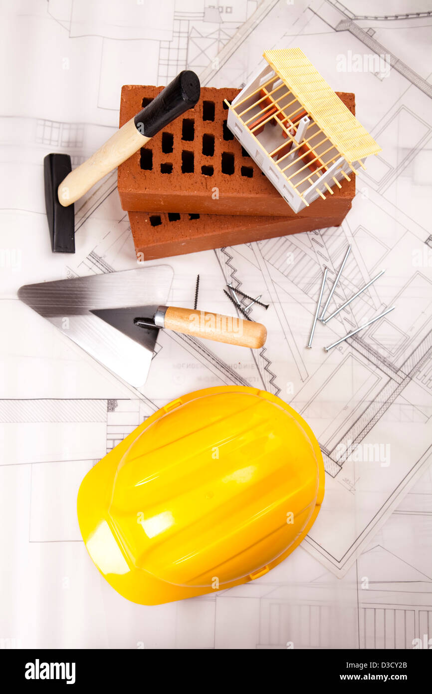 Building background,construction plans,trowel and bricks Stock Photo ...