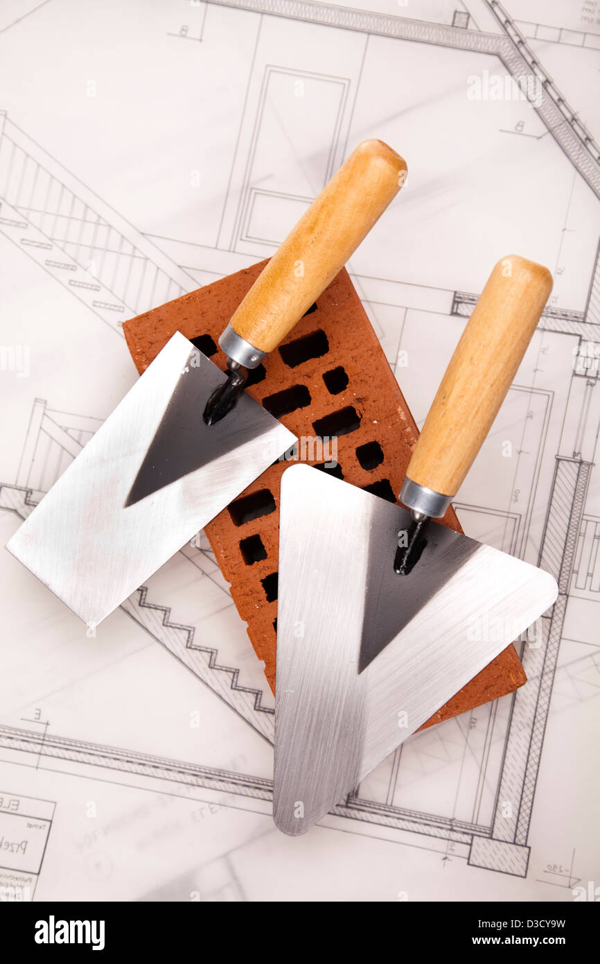 Building background,construction plans,trowel and bricks Stock Photo ...