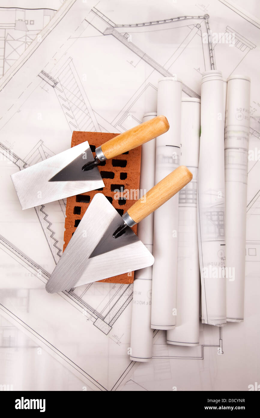 Building background,construction plans,trowel and bricks Stock Photo ...