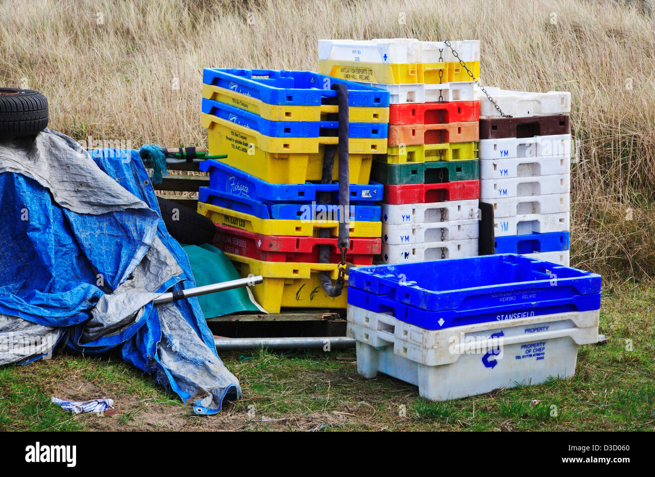A view of stacks of fish boxes used by inshore fishermen at Caister-on ...