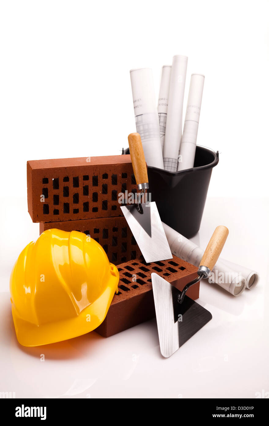 Building background,construction plans,trowel and bricks Stock Photo ...