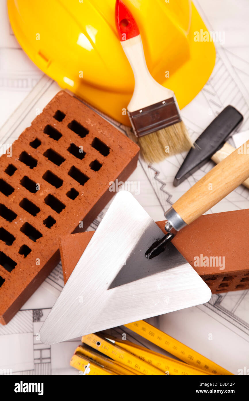 Building background,construction plans,trowel and bricks Stock Photo ...