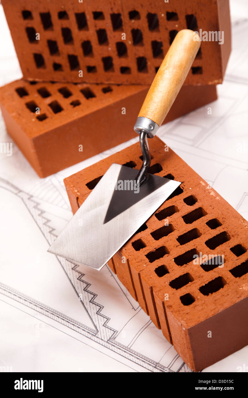 Building background,construction plans,trowel and bricks Stock Photo ...