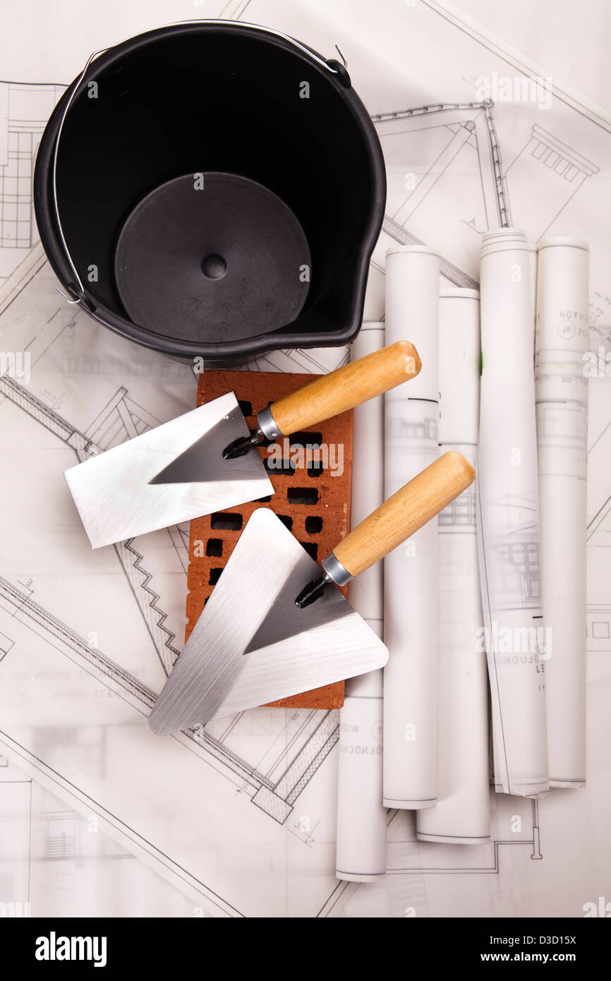 Building background,construction plans,trowel and bricks Stock Photo ...